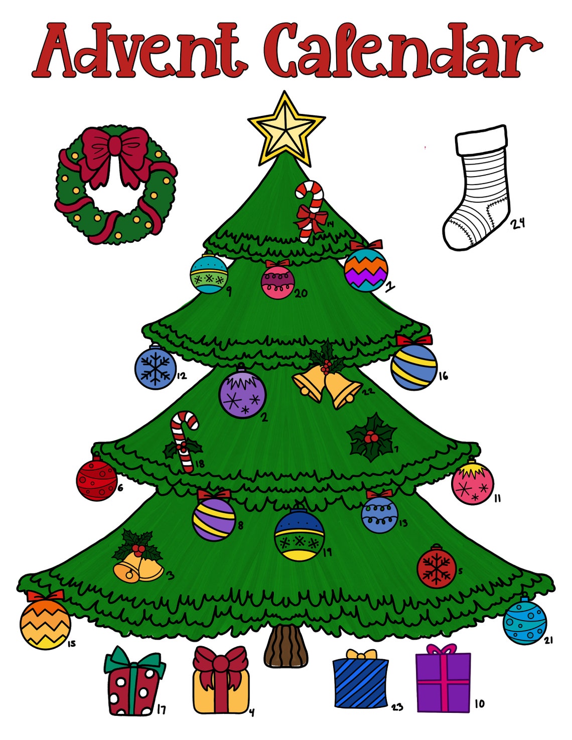 Advent Calendar Christmas Tree Printable Coloring Pages, Holiday - Etsy