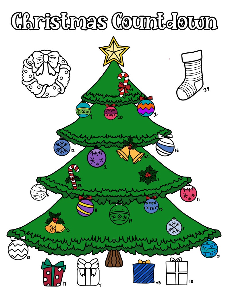 Christmas Countdown Tree Printable Coloring Pages, Holiday - Etsy