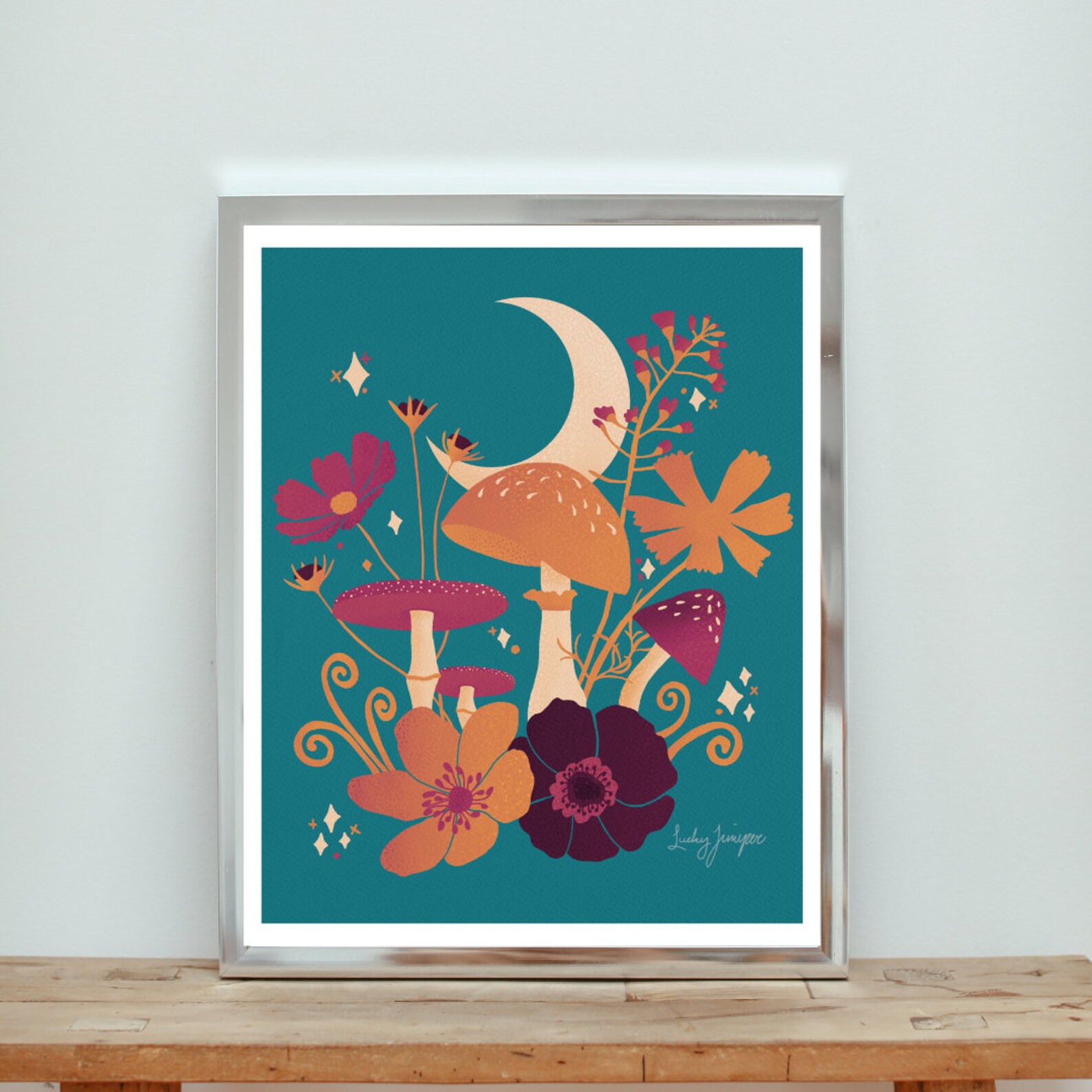 Moon & Mushrooms Art Print Digital Download Printable 3 Sizes Aqua ...