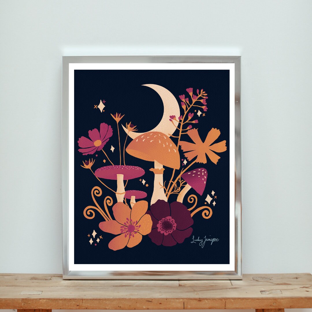Moon & Mushrooms Art Print Digital Download Printable 3 Sizes Navy ...