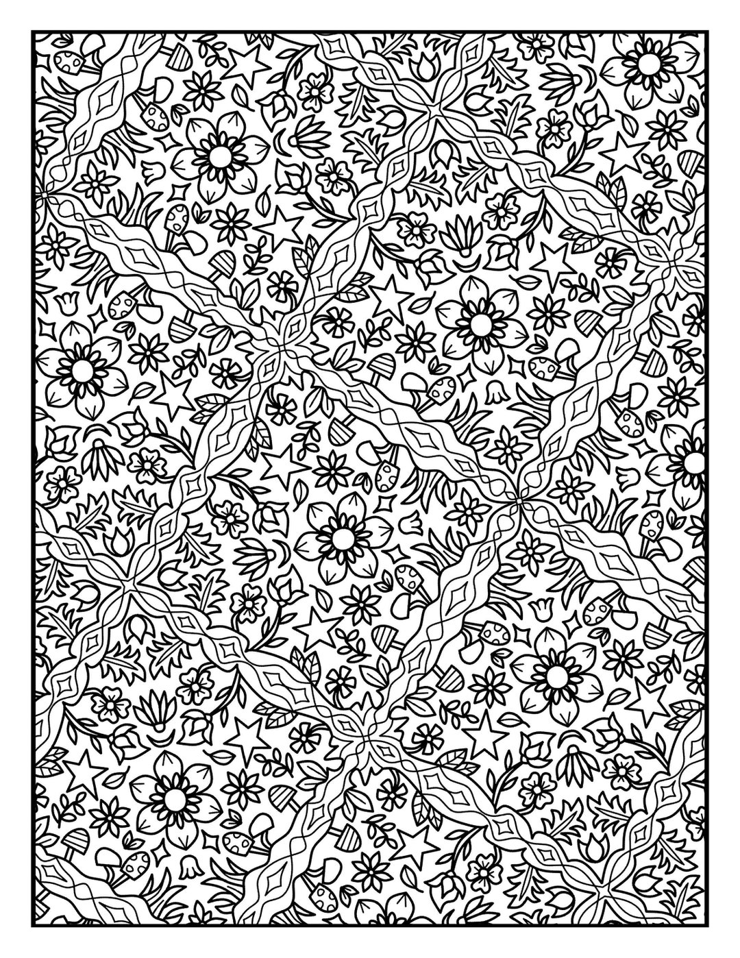 Coloring Page Floral Forest Geometric Folk Repeating Pattern 3079 ...