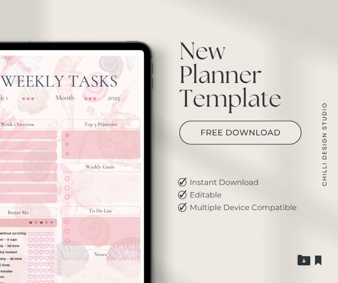 Beach Weekly Planner Printable – Pink Coastal Theme With Shells & Coral ...