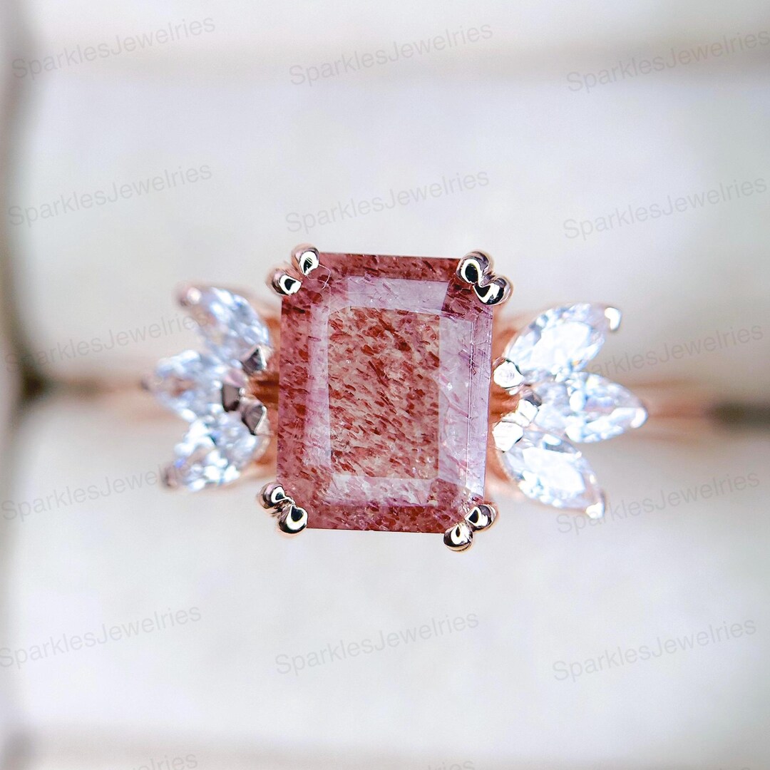 Emerald Cut Strawberry Quartz Ring: Rose Gold Moissanite Statement Ring ...