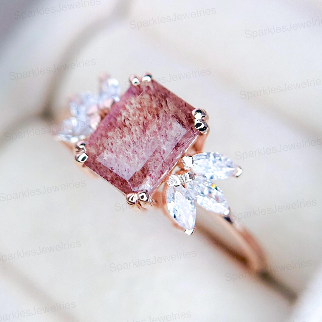 Emerald Cut Strawberry Statement Ring 7 Stones Ring Rose Gold Ring ...