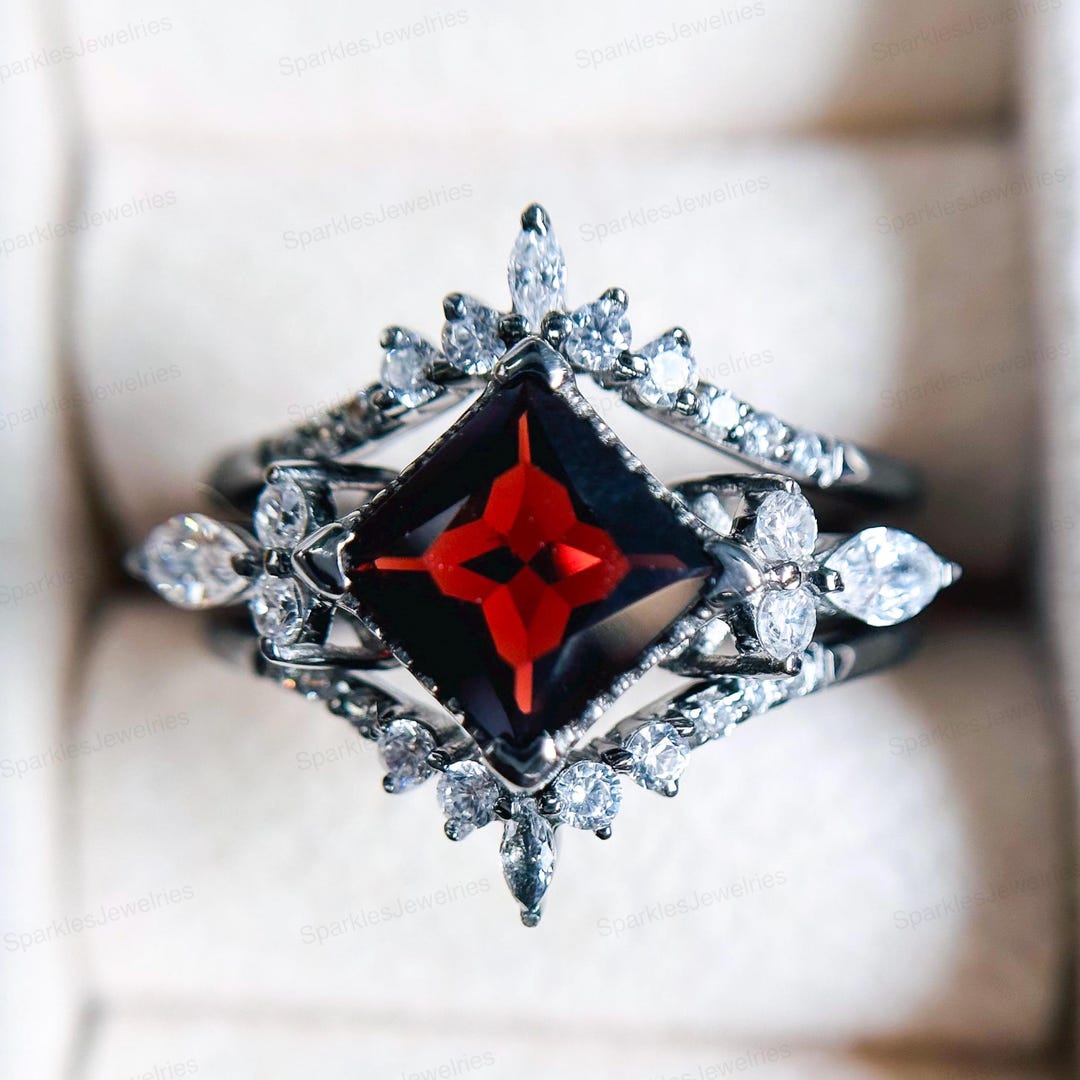 Gothic Princess Cut Garnet Engagement Ring Set • Black Gold Art Deco ...