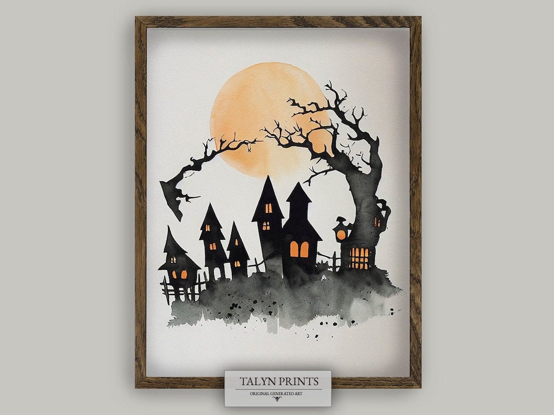 Halloween Town Watercolor Painting, Watercolor Artwork, Halloween Wall ...