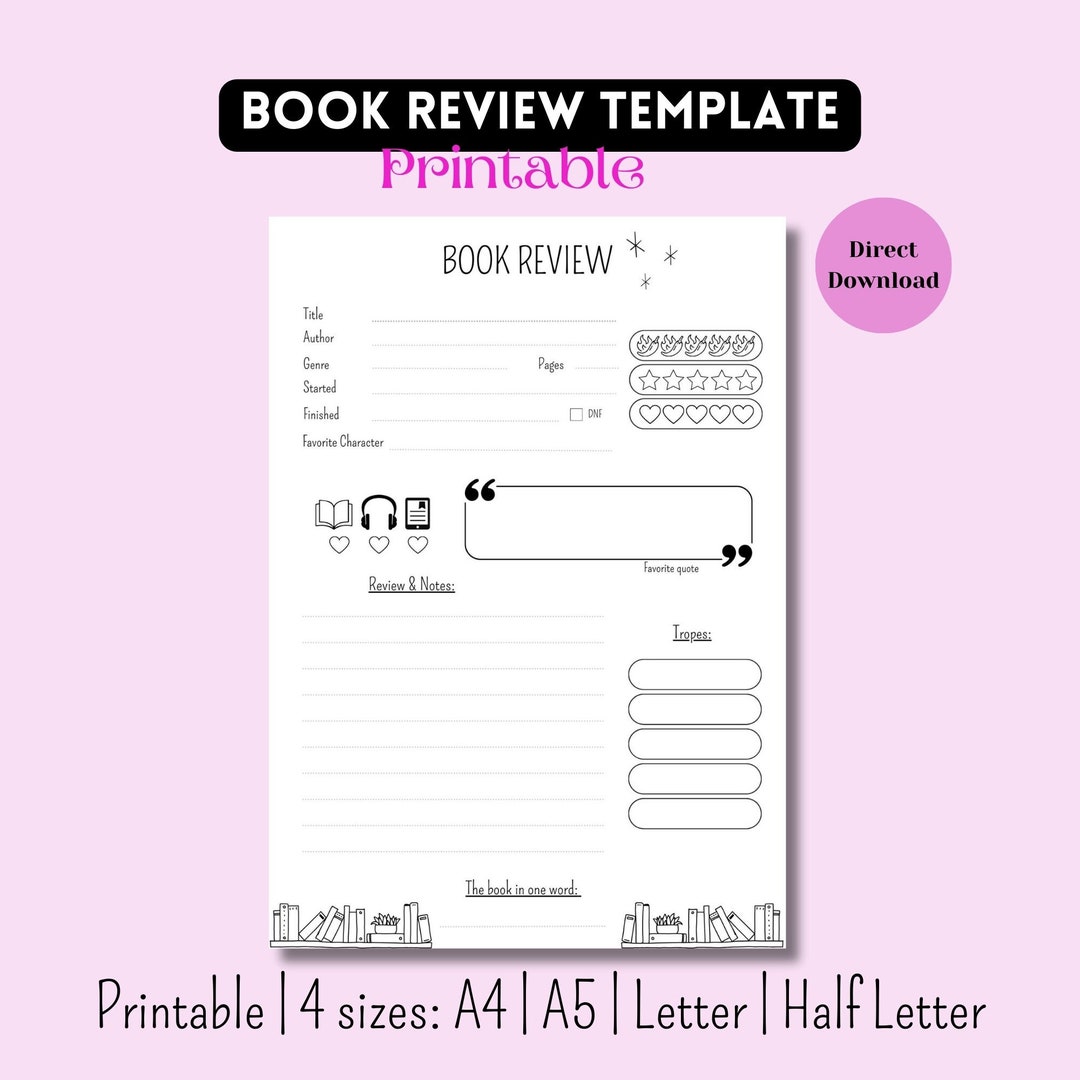 Book Review Template | Book Tracker , Reading Journal | A4, A5, Half ...