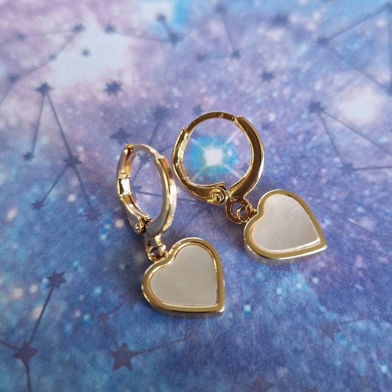 Tiny Heart Huggy Hoop Earrings, Mother of Pearl Earrings, in Gold ...