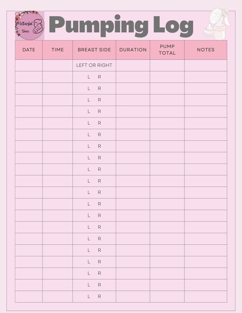 Breastfeeding Log Pink Pumping Log PDF Printable Baby Tracking Log Milk ...