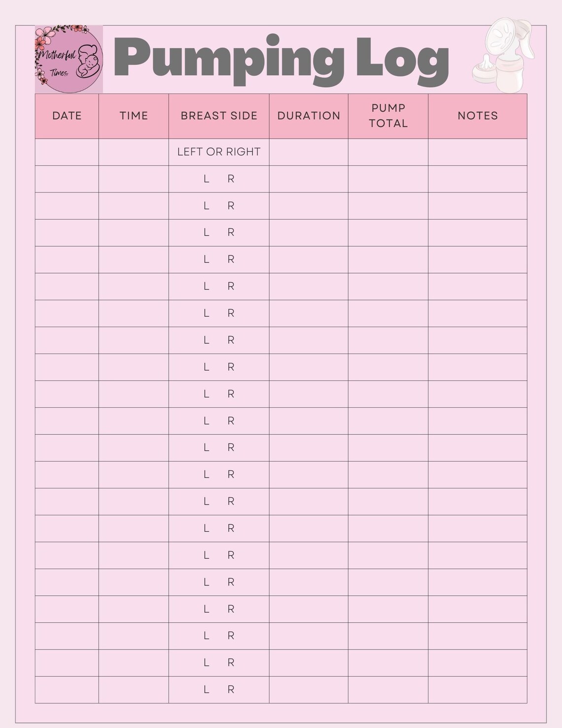 Breastfeeding Log Pink Pumping Log PDF Printable Baby Tracking Log Milk ...