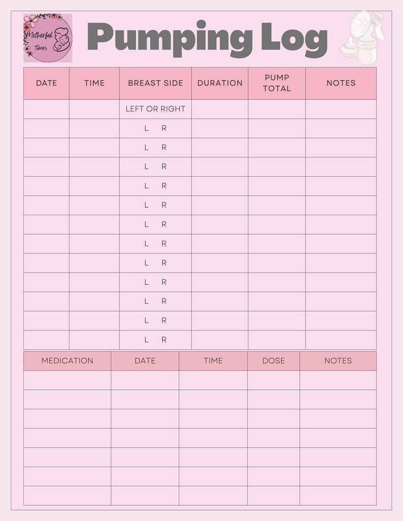 Breastfeeding Log Pink Pumping Log PDF Printable Baby Tracking Log Milk ...