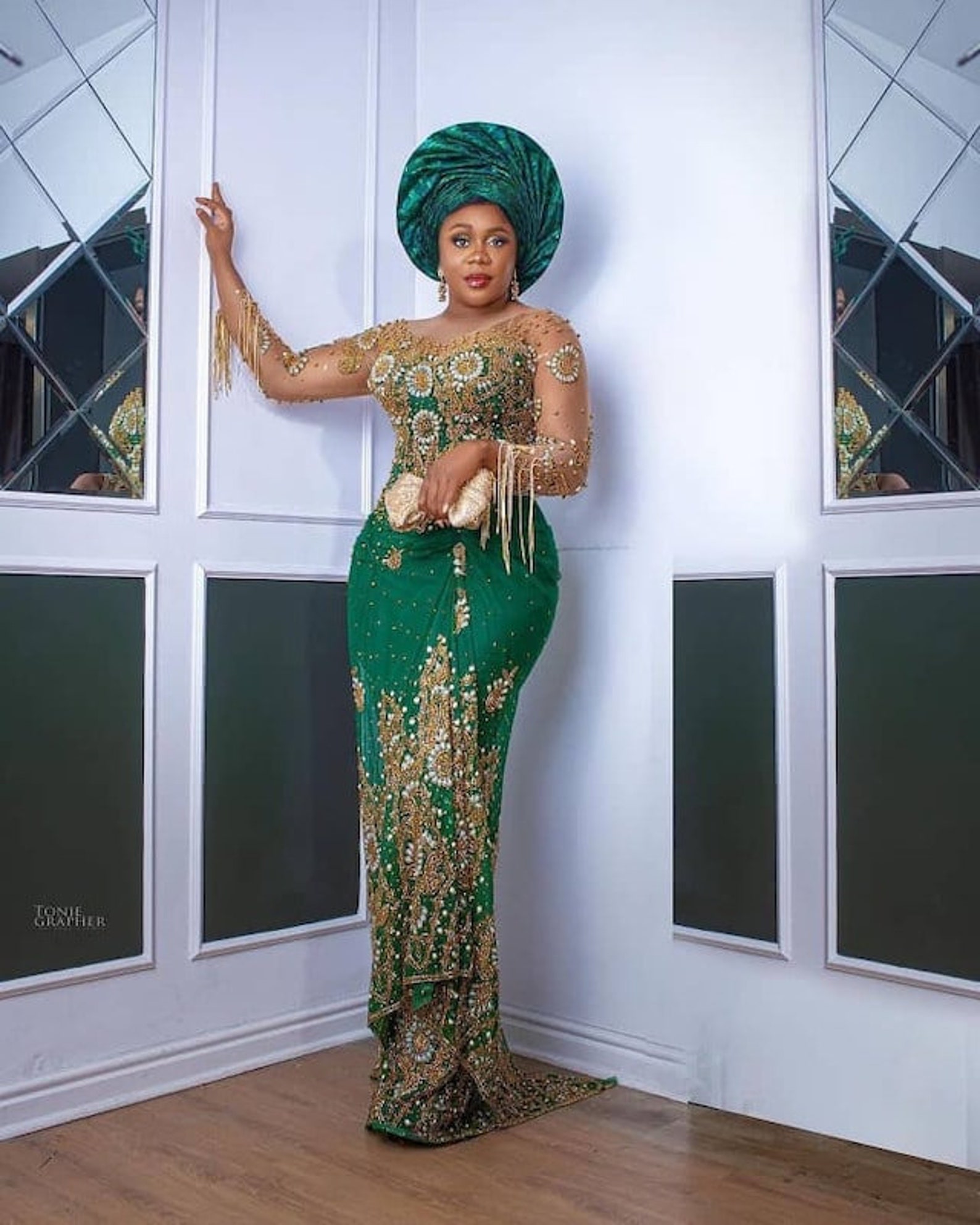 African Couple Traditional Wedding Outfit, Green George Dress ...