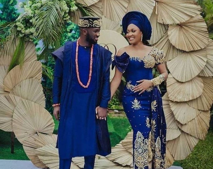 African Blue Couples Traditional Wedding Outfit, Igbo Couples ...