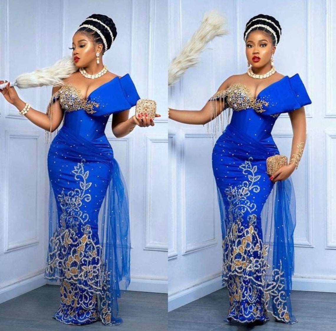 African Couple Traditional Wedding Outfit, Blue George Dress, Luxurious ...