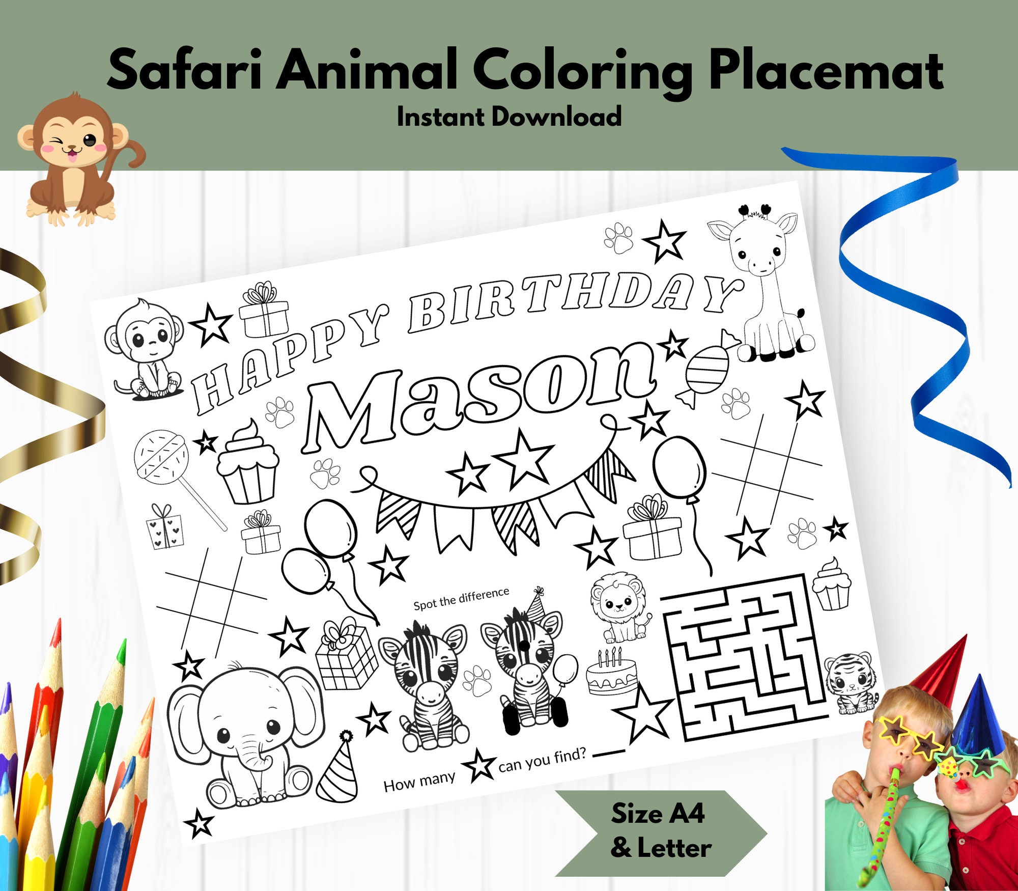 Safari Animal Coloring Placemat, Birthday Party Favor, Jungle Animal ...