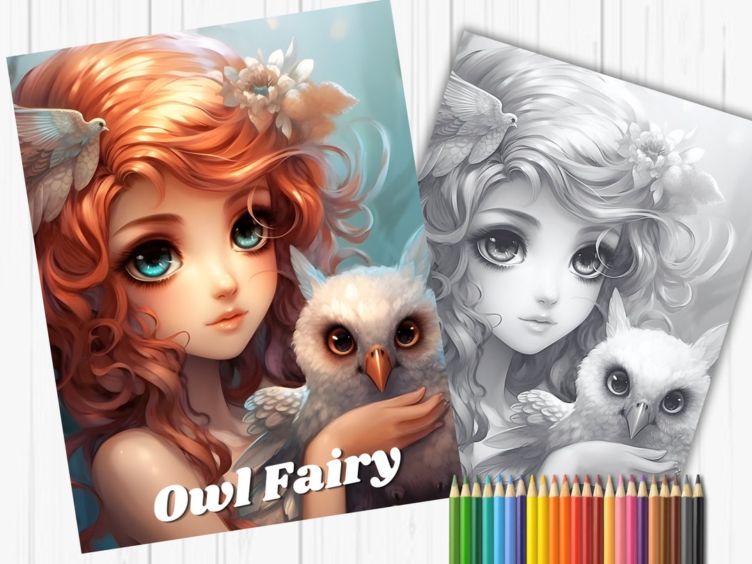 Owl Fairy Coloring Page, Greyscale Coloring, Fantasy Coloring Page ...