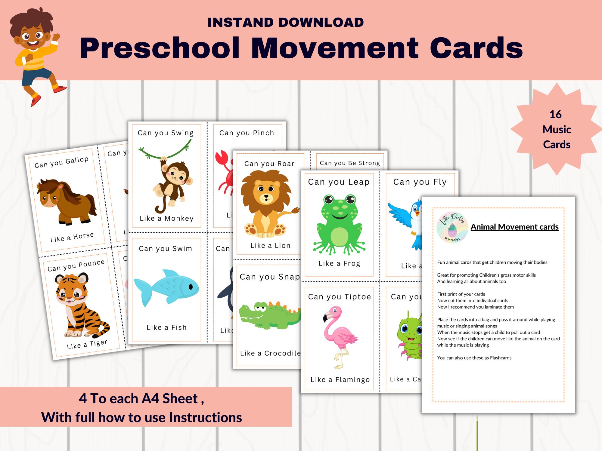 Preschool Printable Physical Activity, Animal Cards, Visual Cards for ...