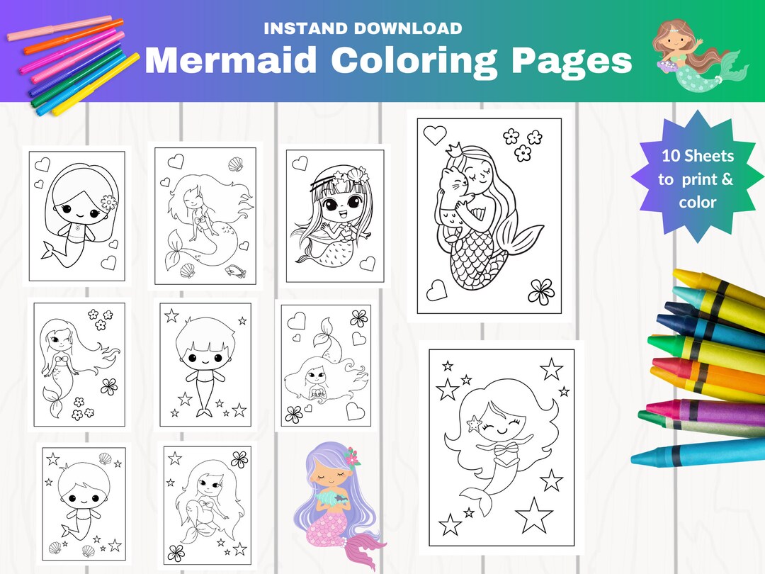 Mermaid Colouring Pages Mermaid Activity Little Mermaid - Etsy