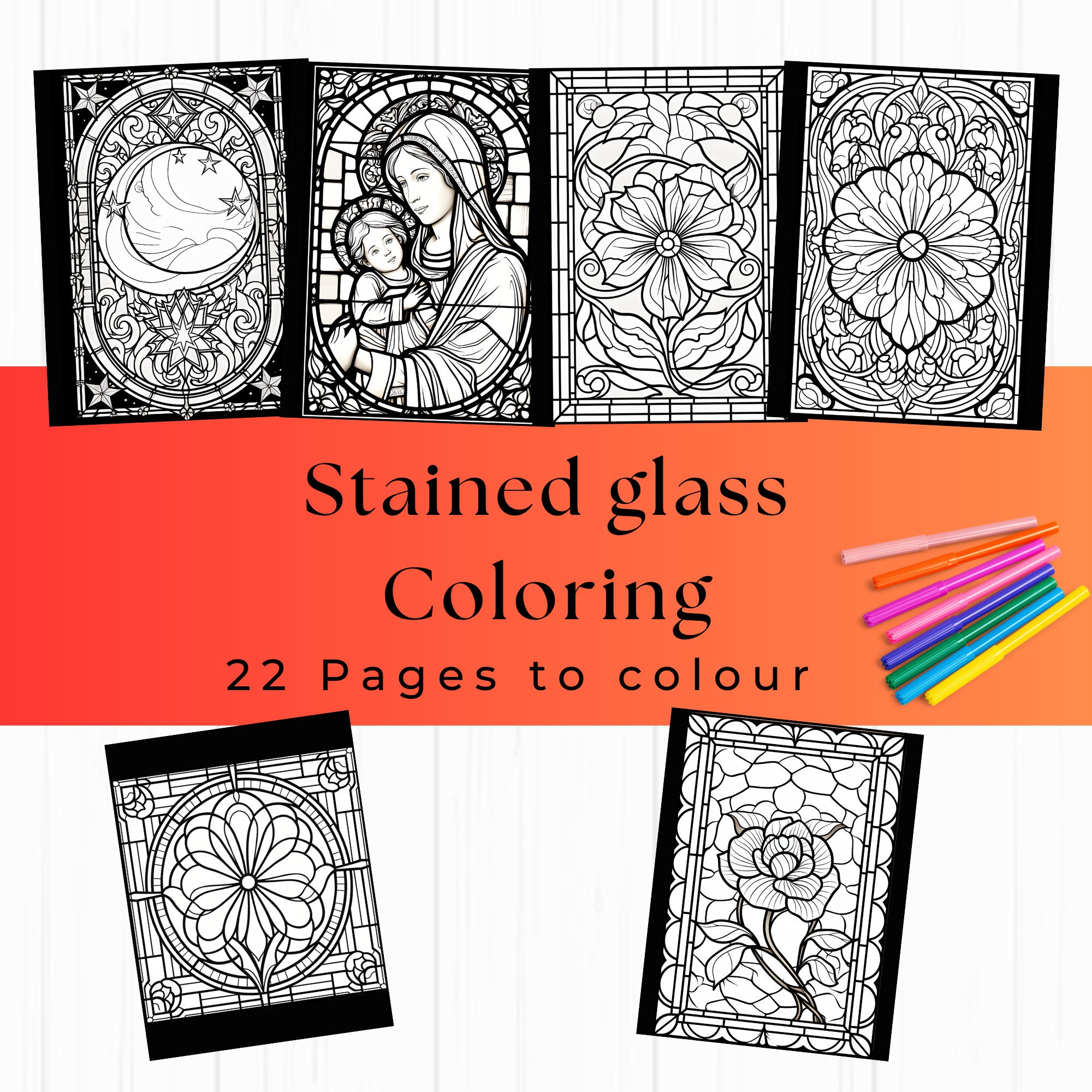 Stained Glass Window Coloring Pages, Adult Coloring Book, Instant ...