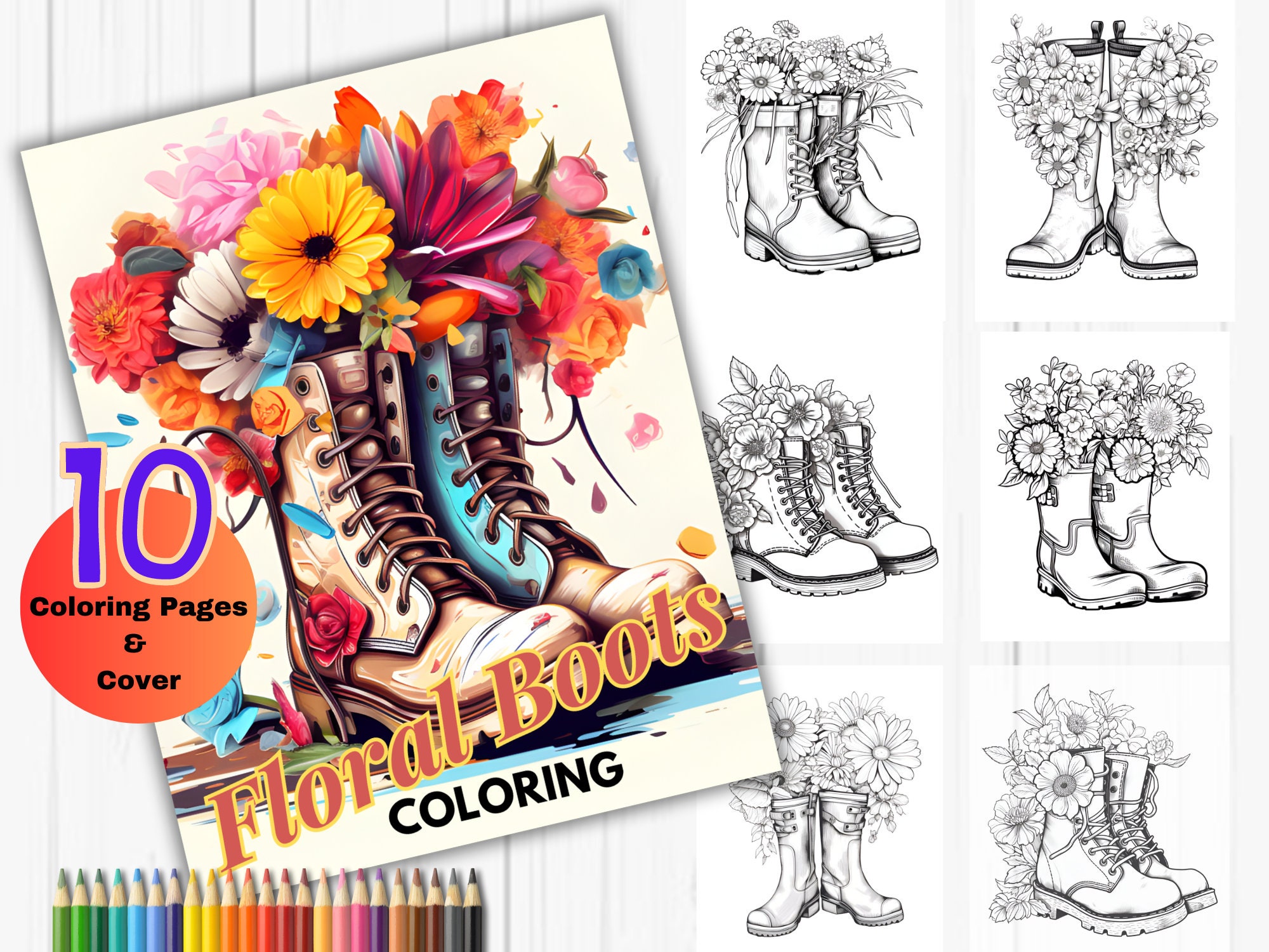 Flower Boots Coloring Pages for Adults, Floral Coloring Pages, Floral ...