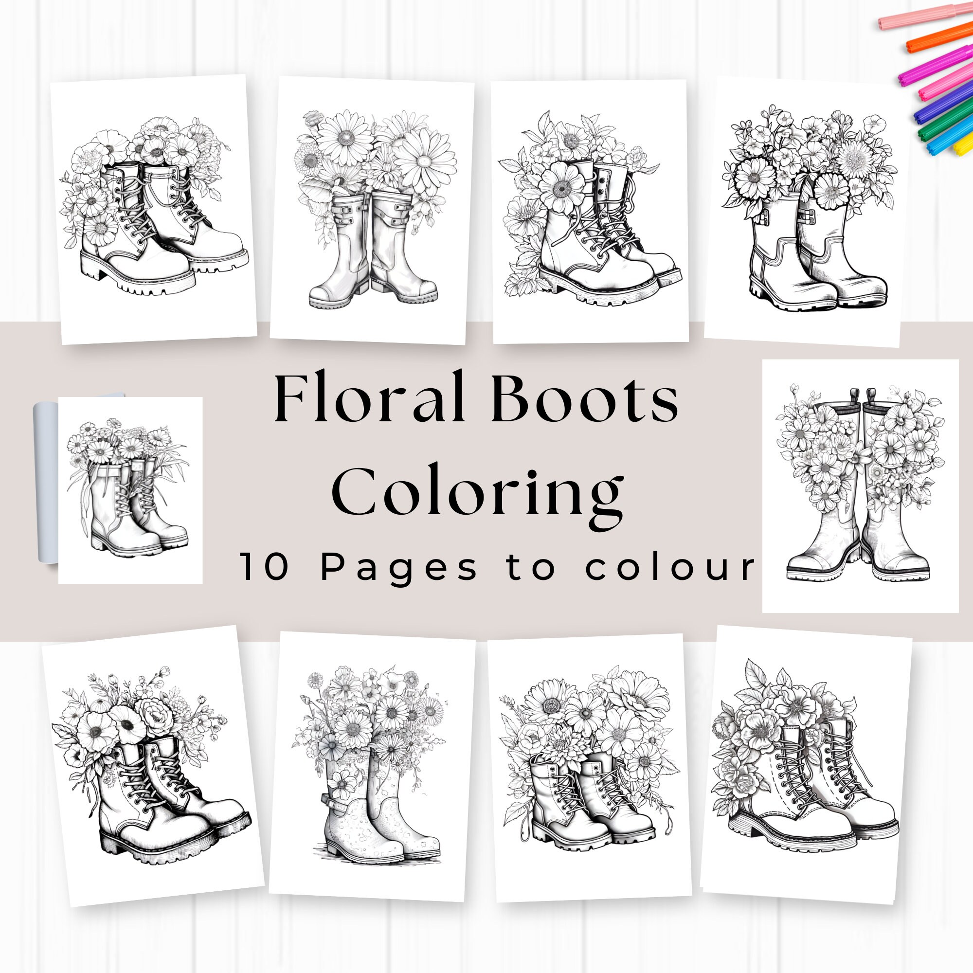 Flower Boots Coloring Pages for Adults, Floral Coloring Pages, Floral ...