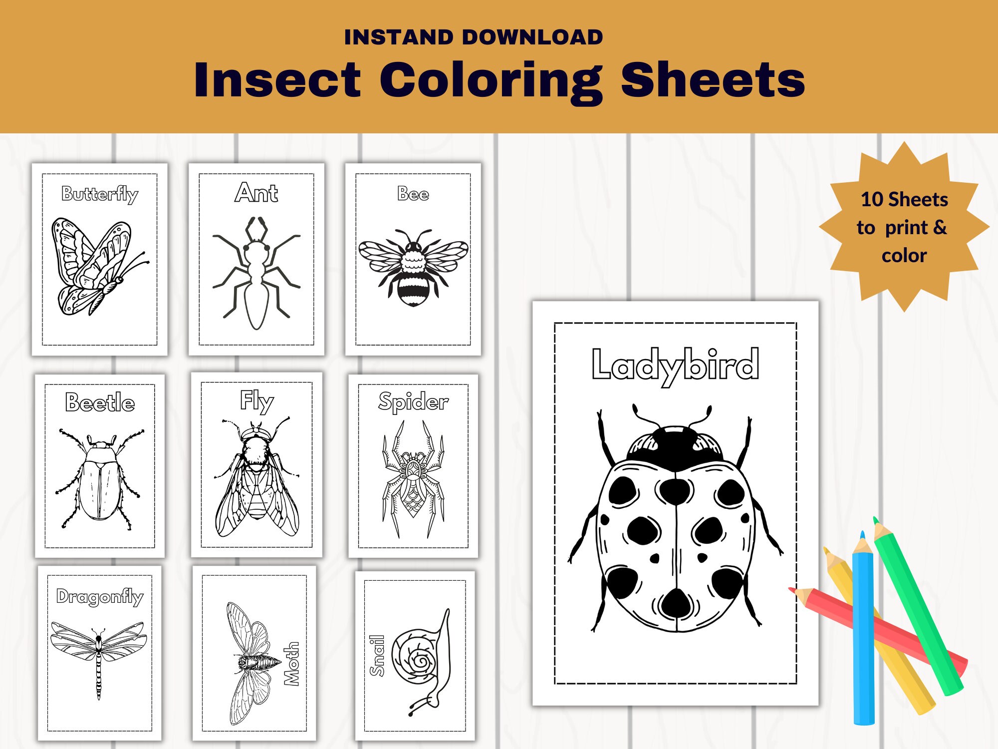 Printable Insect Worksheet, 10 Insect Coloring Pages for Toddlers ...
