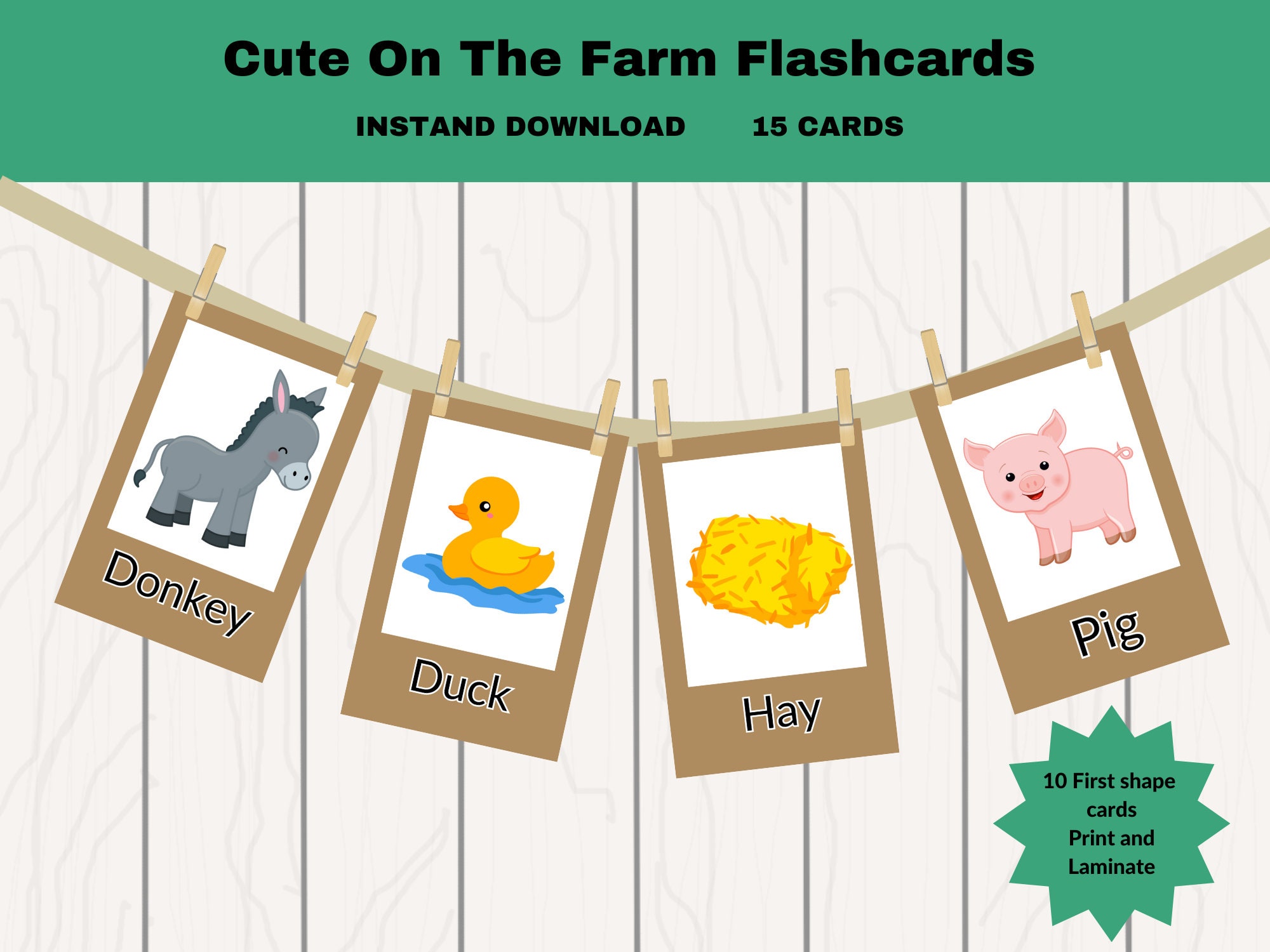 15 Farm Animal Flash Cards, Ready to Print, Educational Flashcards for ...