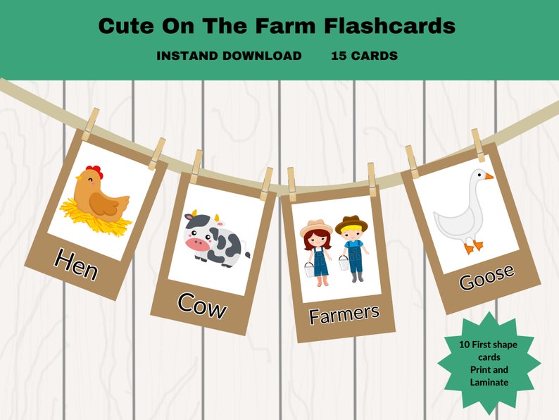 15 Farm Animal Flash Cards, Ready to Print, Educational Flashcards for ...