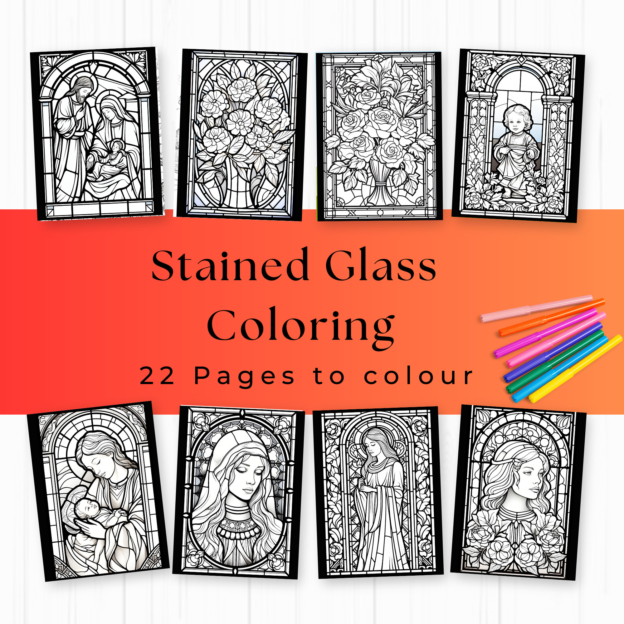 Stained Glass Window Coloring Pages, Adult Coloring Book, Instant ...