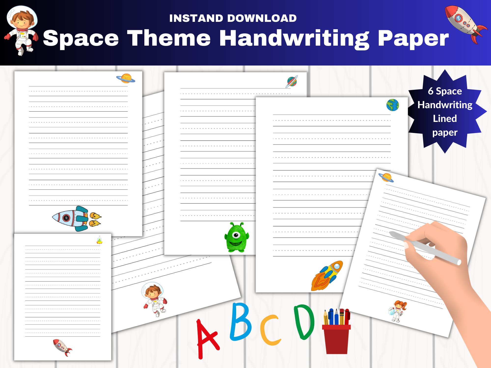 Printable Lined Paper for Kindergarten, Preschool Space Themed ...