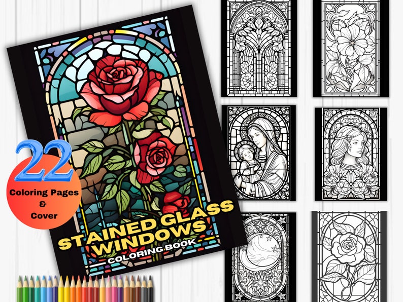 Stained Glass Window Coloring Pages, Adult Coloring Book, Instant ...