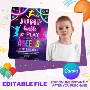 Kids Jump Tumble & Play Trampoline Park Birthday Invitation Editable ...