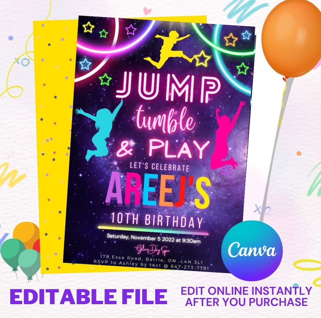 Kids Jump Tumble & Play Trampoline Park Birthday Invitation Editable ...