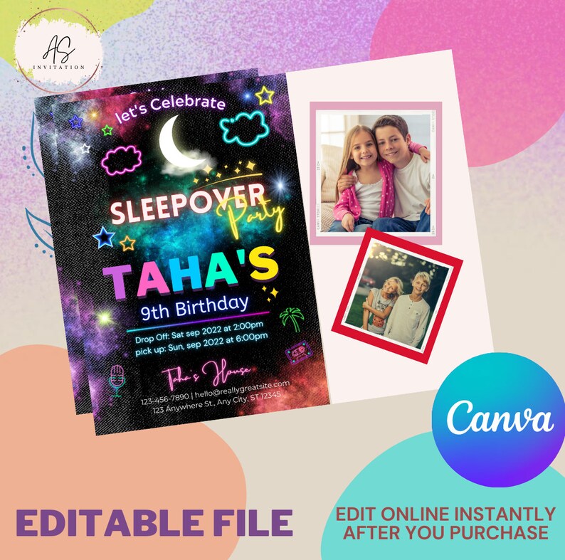 Sleepover Party Birthday Invitation Editable Template Etsy