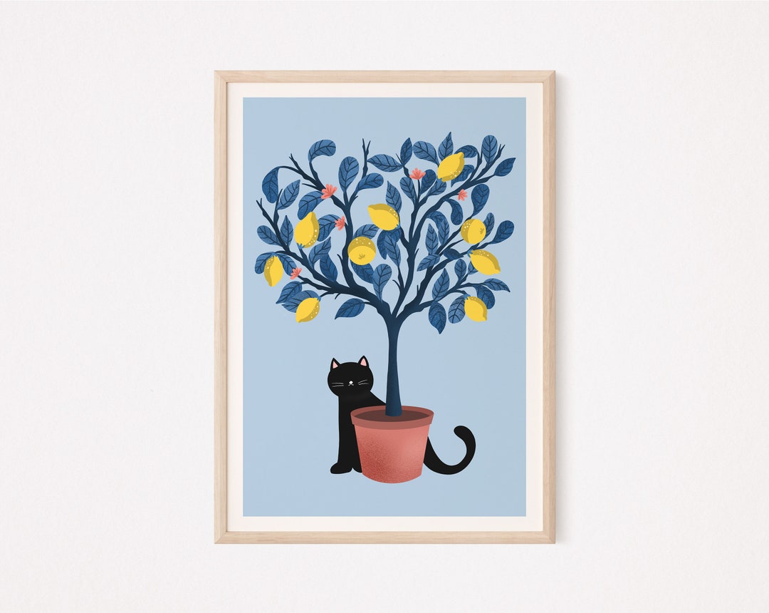 Cat With a Lemon Tree Cat Poster, Cat Print, Cat Poster, Cat Wall Art ...