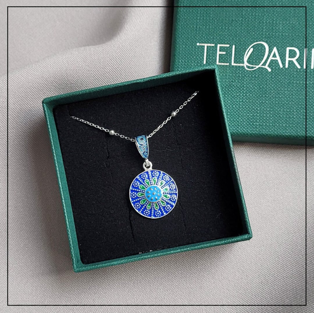 Sterling Silver Mandala Pendant: Blue Green Enamel Turkish Necklace - Etsy