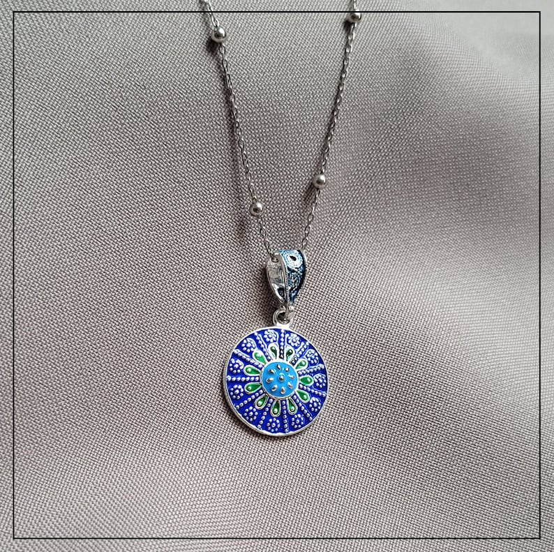 Sterling Silver Mandala Pendant: Blue Green Enamel Turkish Necklace - Etsy