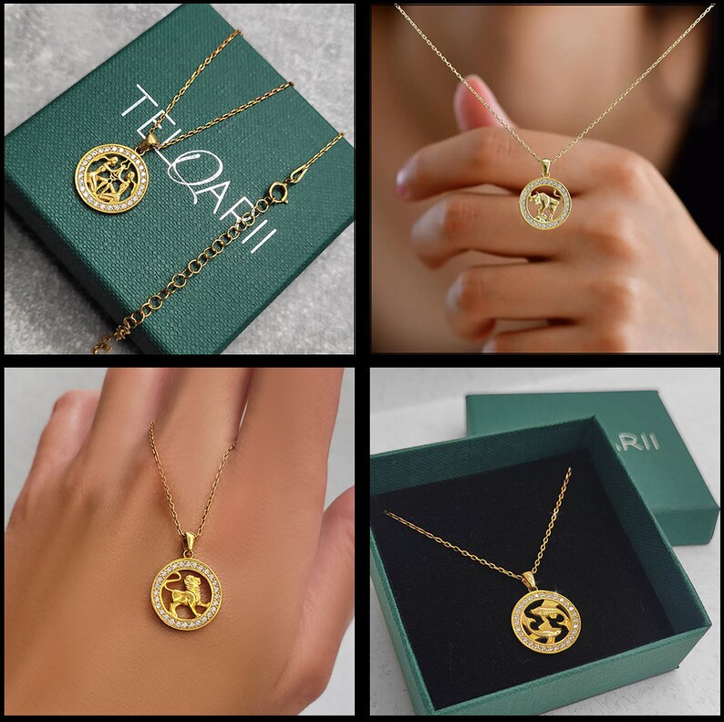 Gold-plated Silver 12 ZODIAC SIGN Necklace, Delicate Zircon Horoscope ...