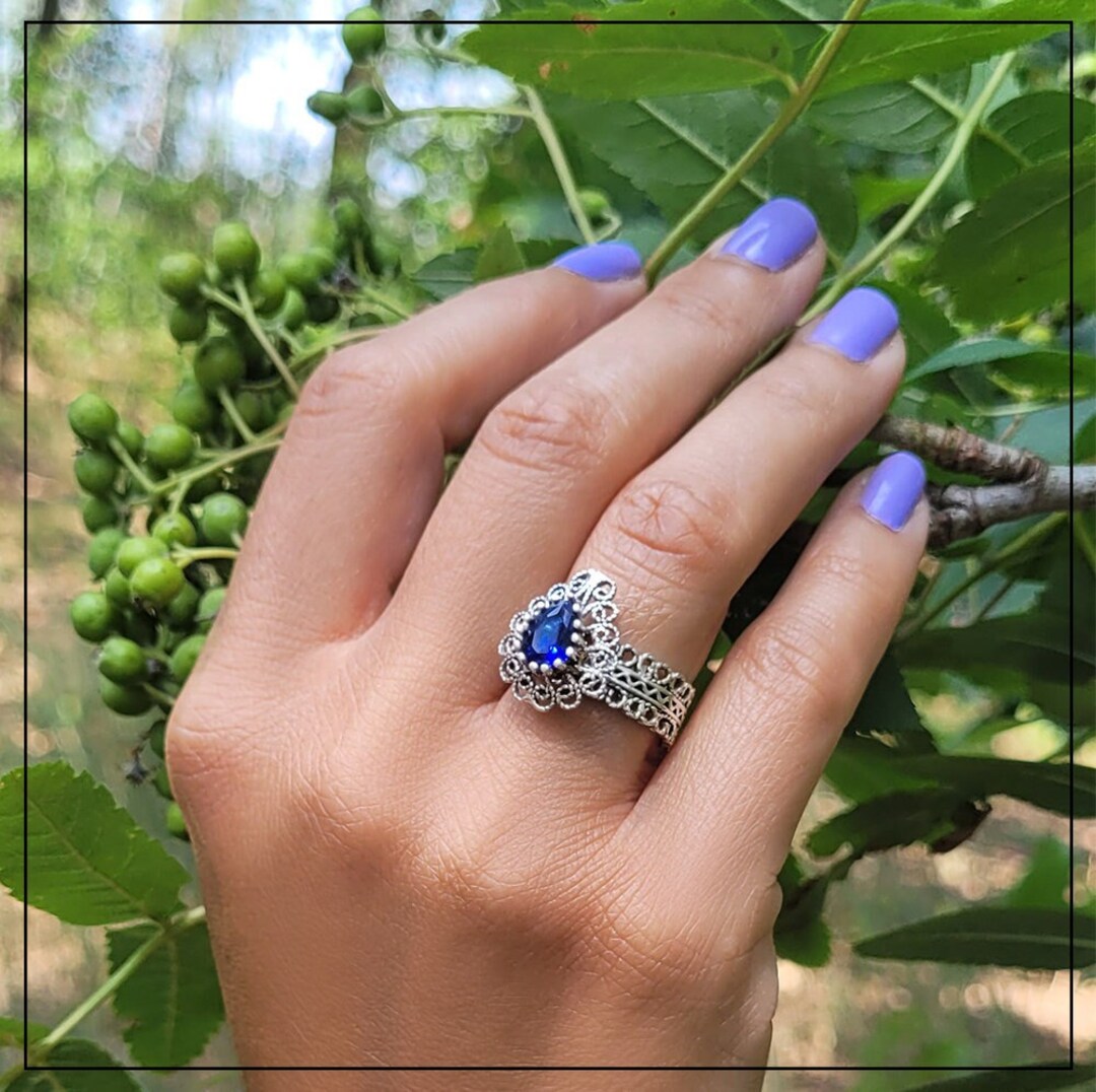 925 Sterling Silver Filigree Ring With Dark Blue Drop, Turkish ...