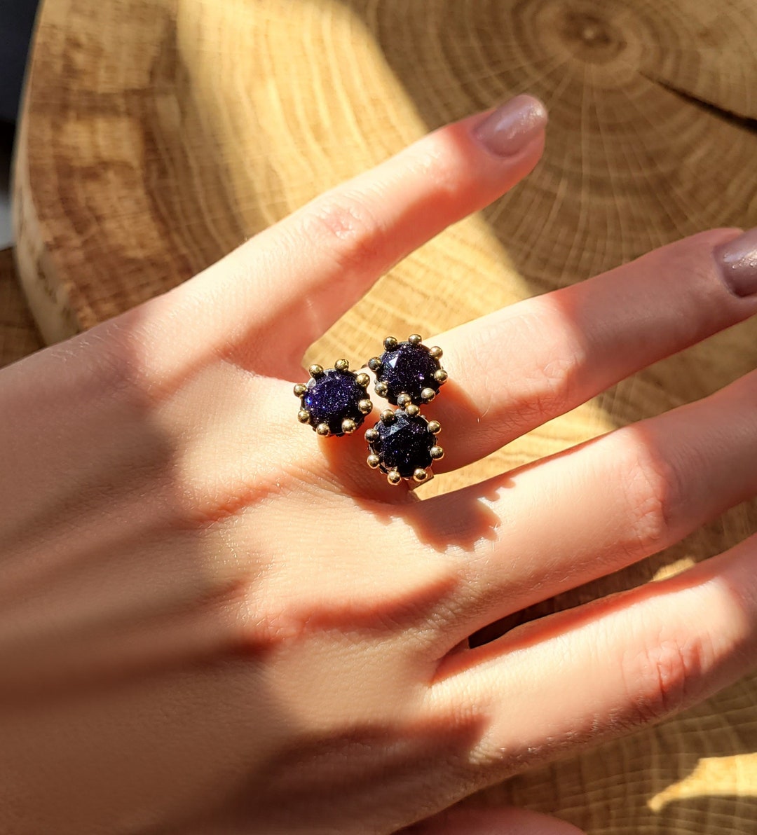 Oriental Big Ring With Three Blue Goldstone, Gold 925 Sterling Silver ...