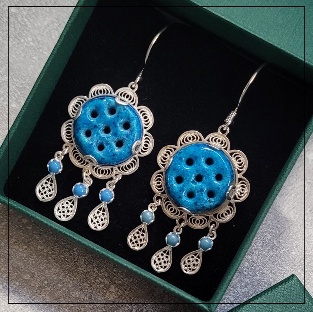 Assyrian Filigree Earrings With Blue Stone 925 Sterling - Etsy Australia