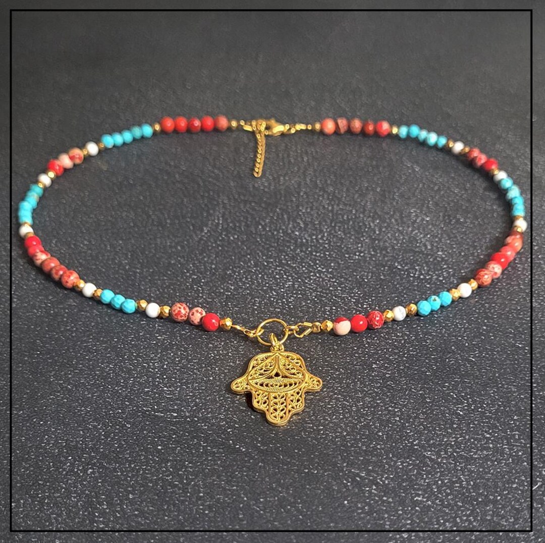 Golden Beaded Necklace With Chamsa Pendant, 925 Sterling Silver Red and ...