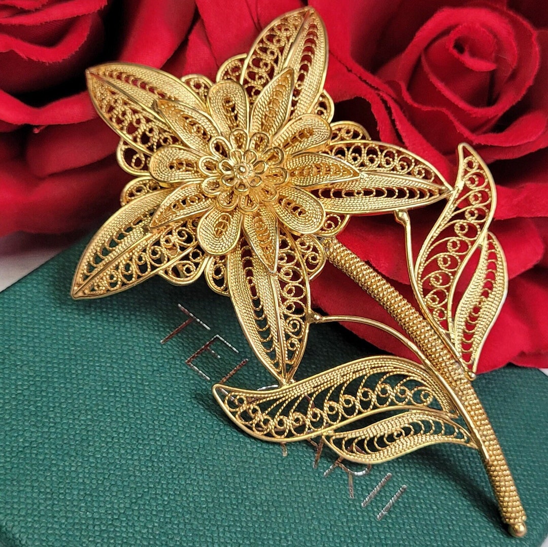 Gold-plated 925 Sterling Silver Filigree Flower Brooch, Reyyan's ...