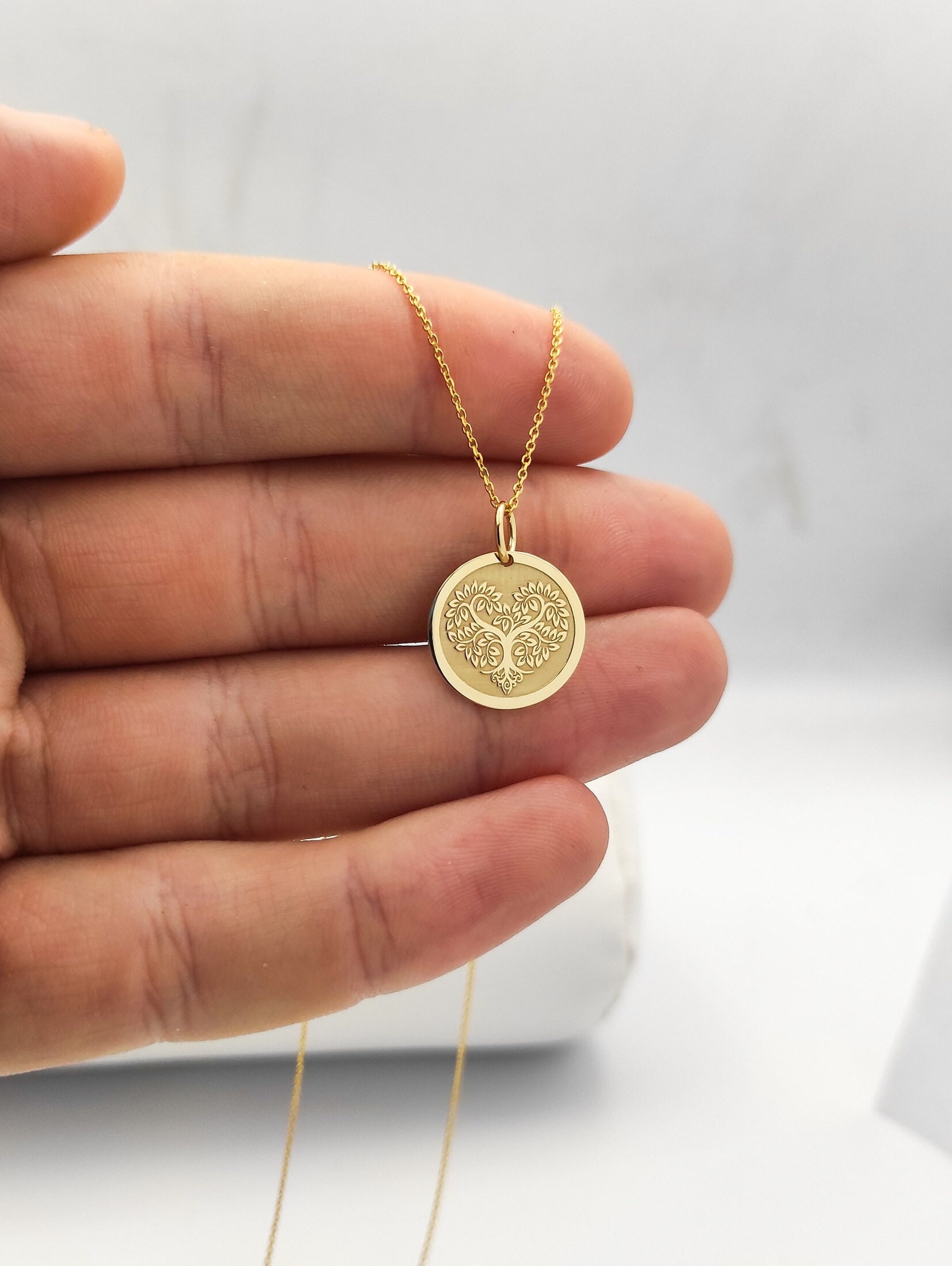 14K Solid Gold Heart Tree Necklace Gold Coin Heart Tree - Etsy