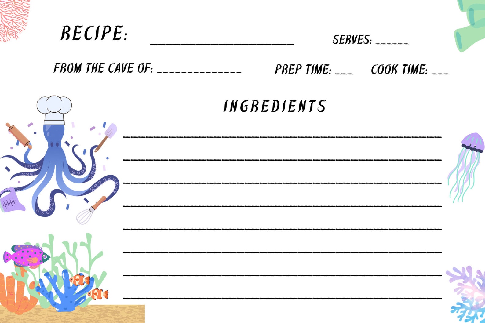 Under the Sea Printable Recipe Card 4 X 6 - Etsy