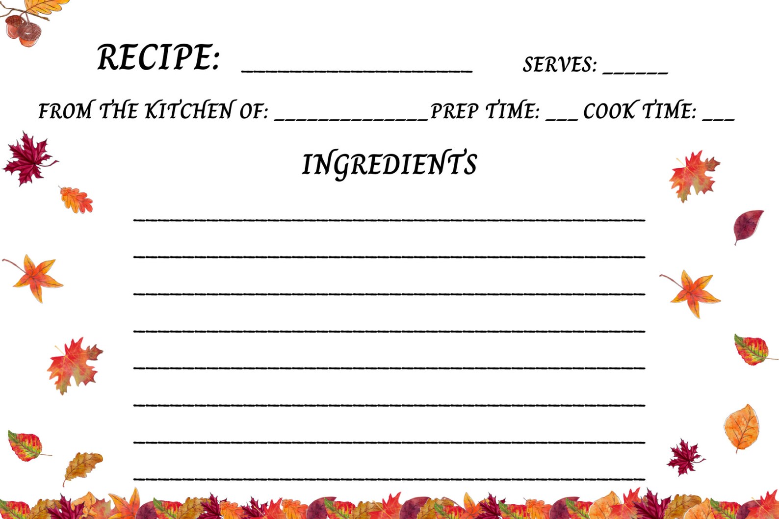 Printable Autumn Recipe Card 4 X 6 Falling Leaves - Etsy