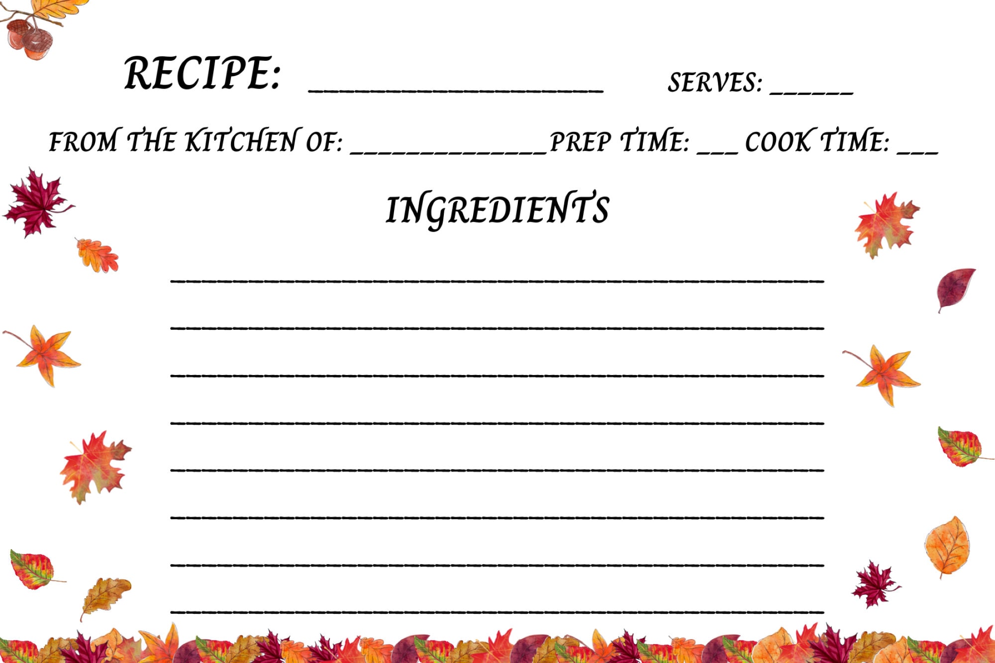 Printable Autumn Recipe Card 4 X 6 Falling Leaves - Etsy