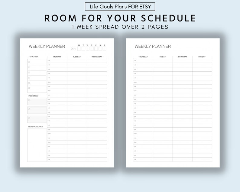 Weekly Planner, WO2P, Hourly Planner, Printable Planner on 2 Pages ...