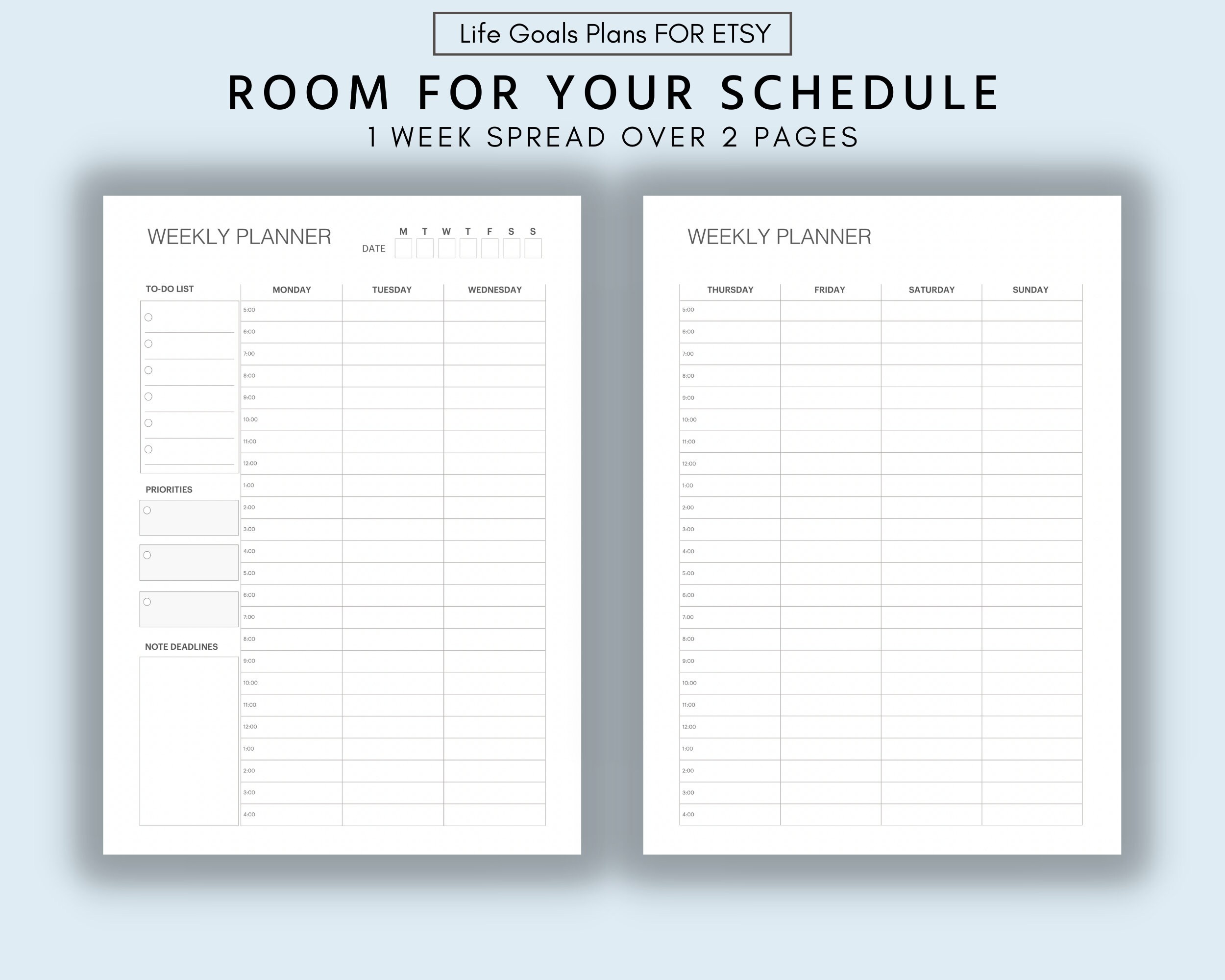 Weekly Planner, WO2P, Hourly Planner, Printable Planner on 2 Pages ...