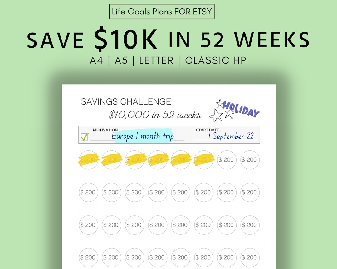 52 Week Savings Challenge, 10000 Savings Goal, 10k Saving Challenge ...